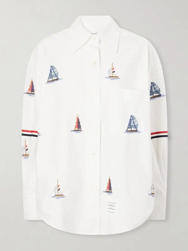 Thom Browne Embroidered Sailboat Cotton Shirt - White