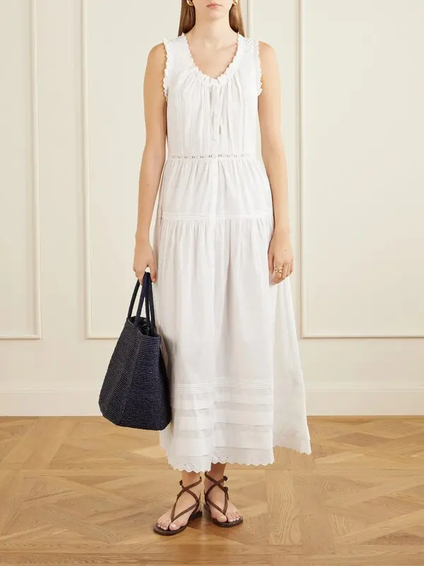 DÔEN Hortense Embroidered Organic Cotton Midi Dress - White