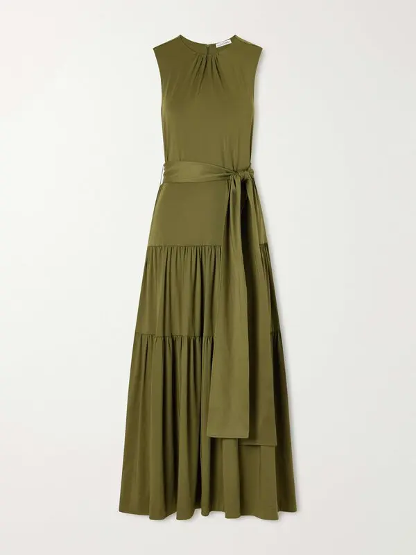 Altuzarra Liza Belted Tiered Gathered Jersey Maxi Dress - Dark Green
