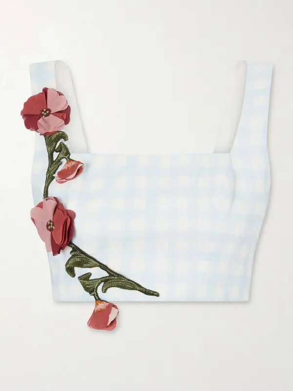 Agua Bendita Amanda Cropped Floral-appliqué Linen Top - Blue