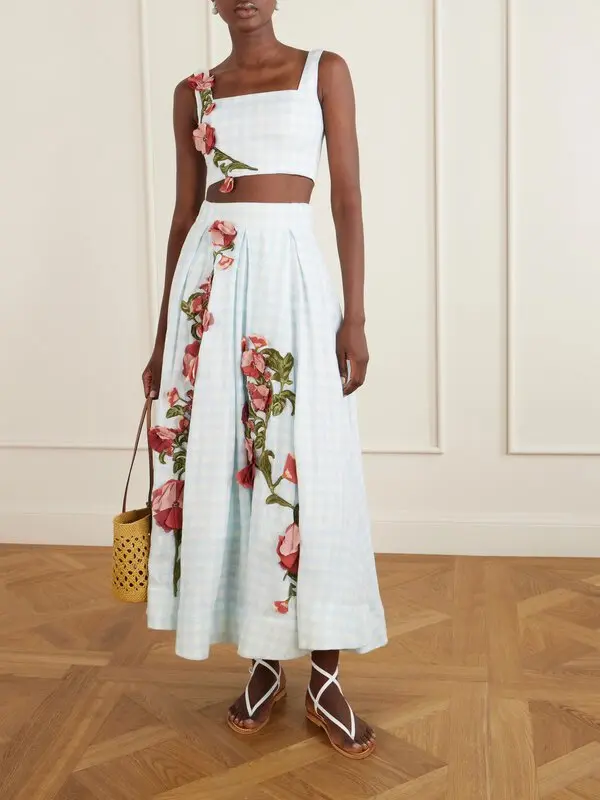 Agua Bendita Amanda Cropped Floral-appliqué Linen Top - Blue