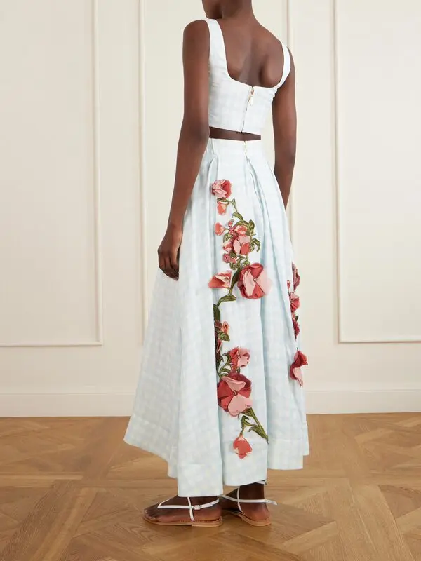 Agua Bendita Amanda Cropped Floral-appliqué Linen Top - Blue