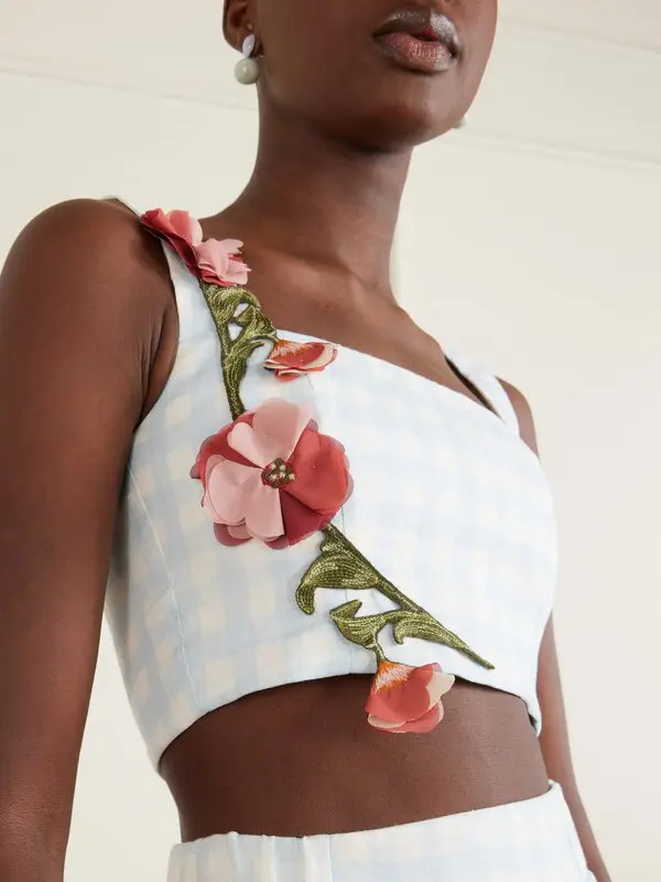 Agua Bendita Amanda Cropped Floral-appliqué Linen Top - Blue