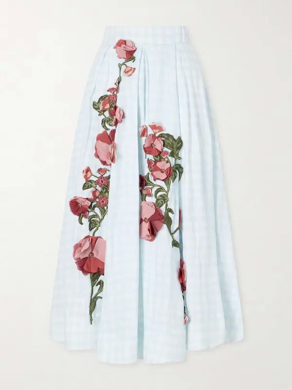 Agua Bendita Delta Floral-appliqué Checked Linen Maxi Skirt - Blue