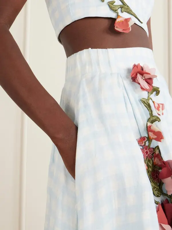 Agua Bendita Floral-appliqué Checked Linen Maxi Skirt - Blue