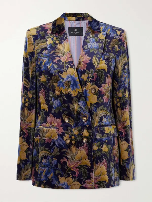 Etro Double-breasted Floral-print Stretch-cotton Velvet Blazer - Navy