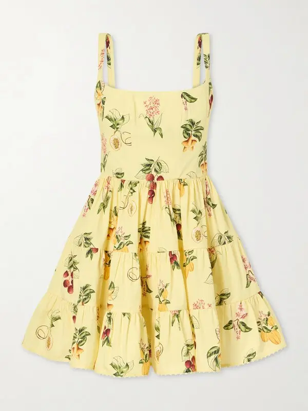 Agua Bendita Granadilla Tiered Floral-print Cotton-poplin Mini Dress - Yellow