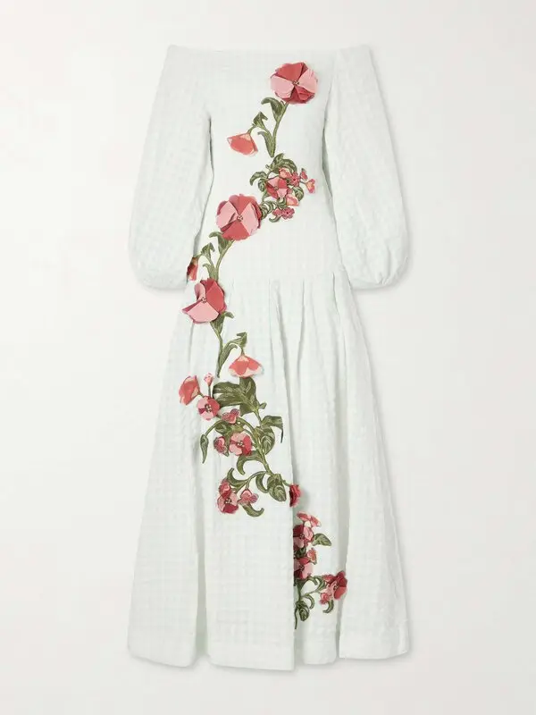Agua Bendita Senlis Off-the-shoulder Floral-appliqué Checked Linen Maxi Dress - Blue