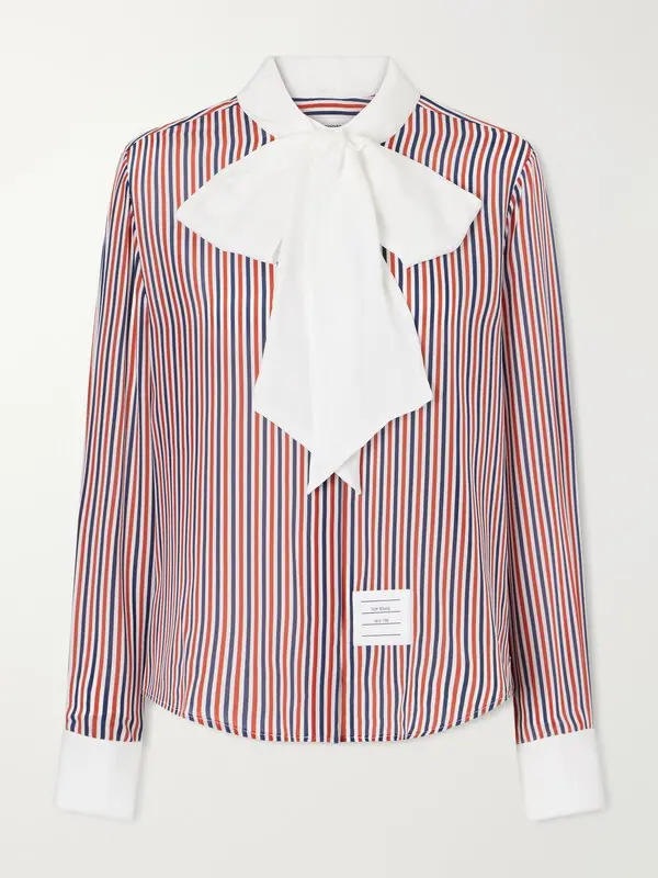 Thom Browne Striped Silk Crepe De Chine Shirt With Bow Detail - Red