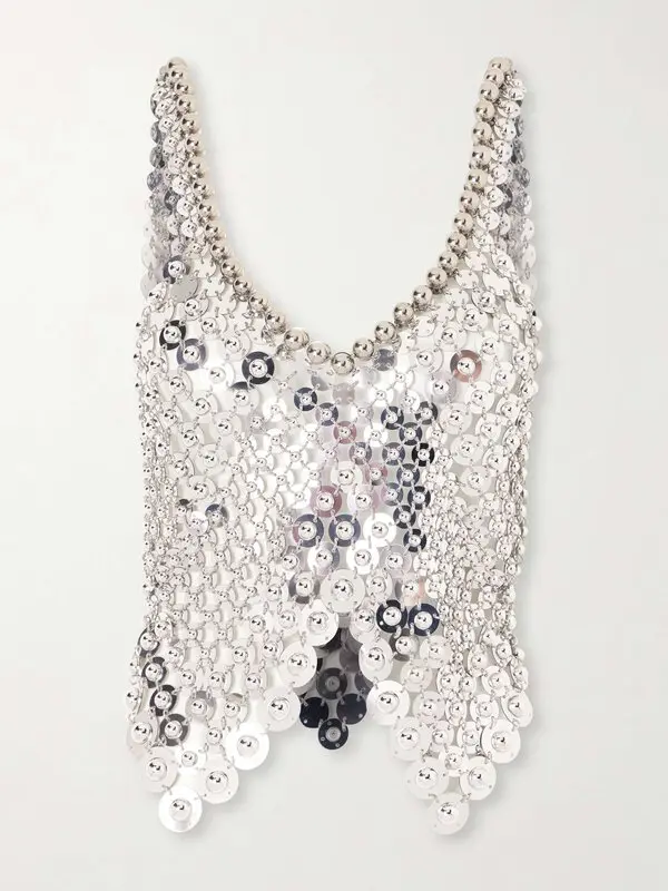 Rabanne Sequined Bead-embellished -tone Chainmail Tank - Silver