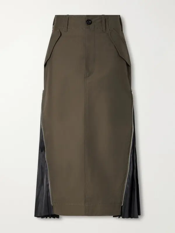 Sacai Weather Cotton-twill Midi Skirt With Pleated Insert - Green