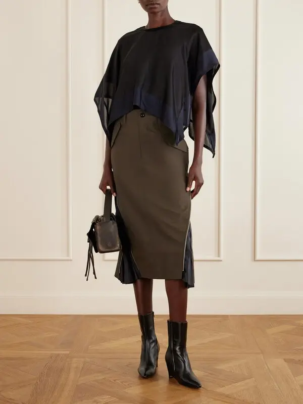 Sacai Weather Cotton-twill Midi Skirt With Pleated Insert