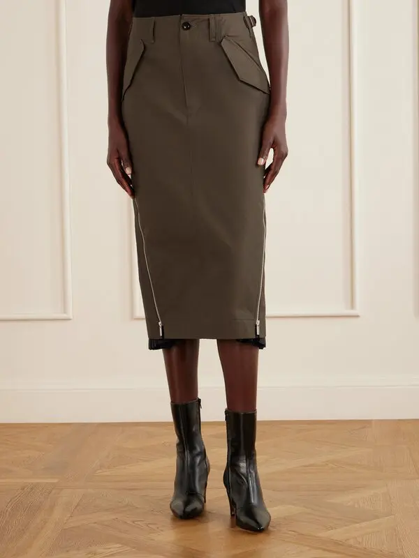 Sacai Weather Cotton-twill Midi Skirt With Pleated Insert