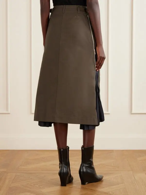 Sacai Weather Cotton-twill Midi Skirt With Pleated Insert