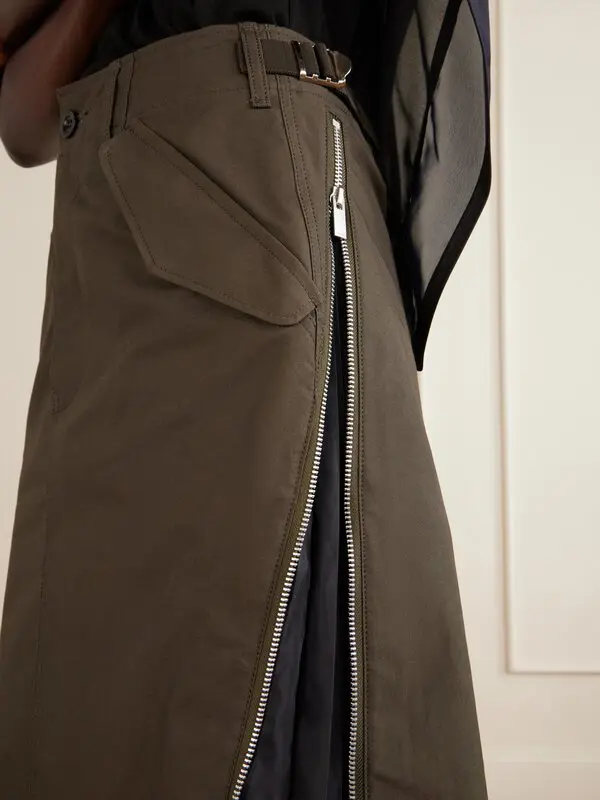 Sacai Weather Cotton-twill Midi Skirt With Pleated Insert