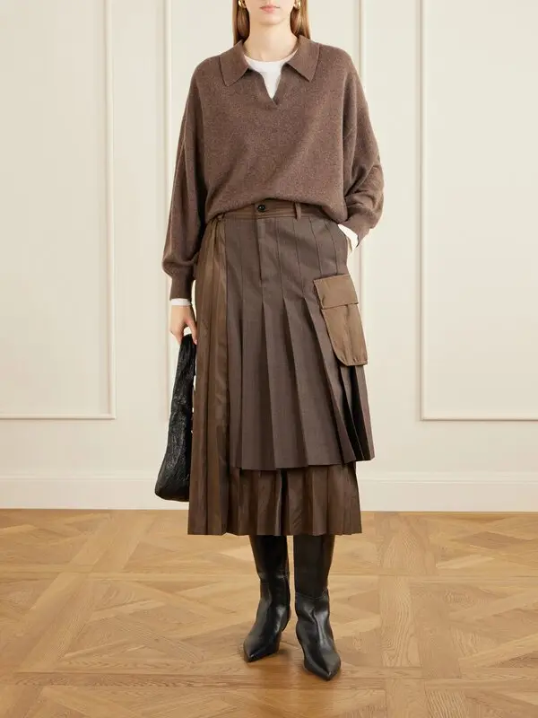 Sacai Pleated Twill And Shell Midi Skirt