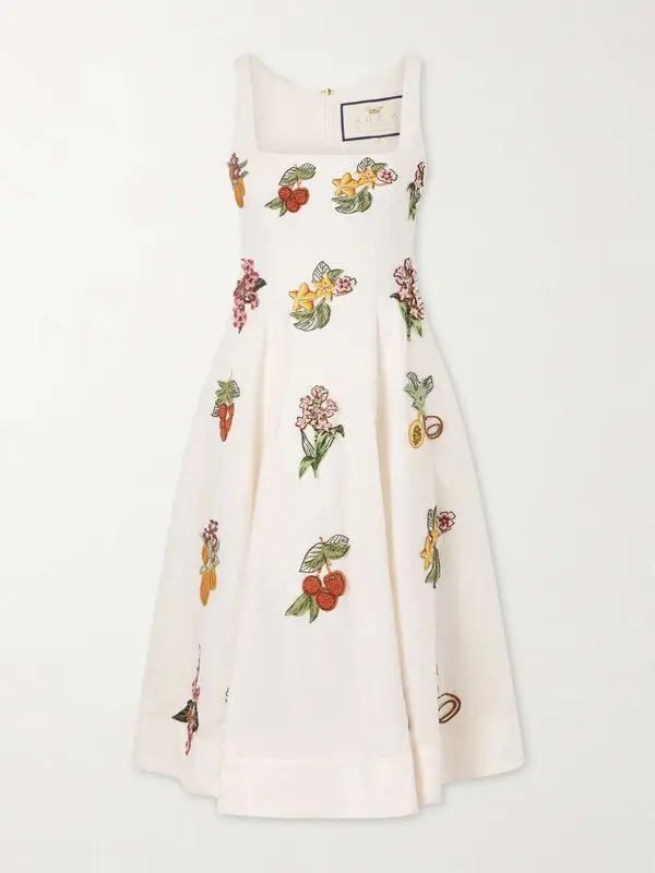 Agua Bendita Frontera Embellished Floral-appliqué Linen Midi Dress - Cream