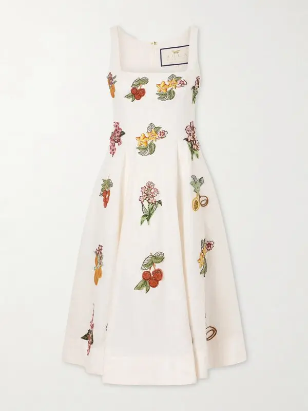 Agua Bendita Frontera Embellished Linen Midi Dress - Neutrals