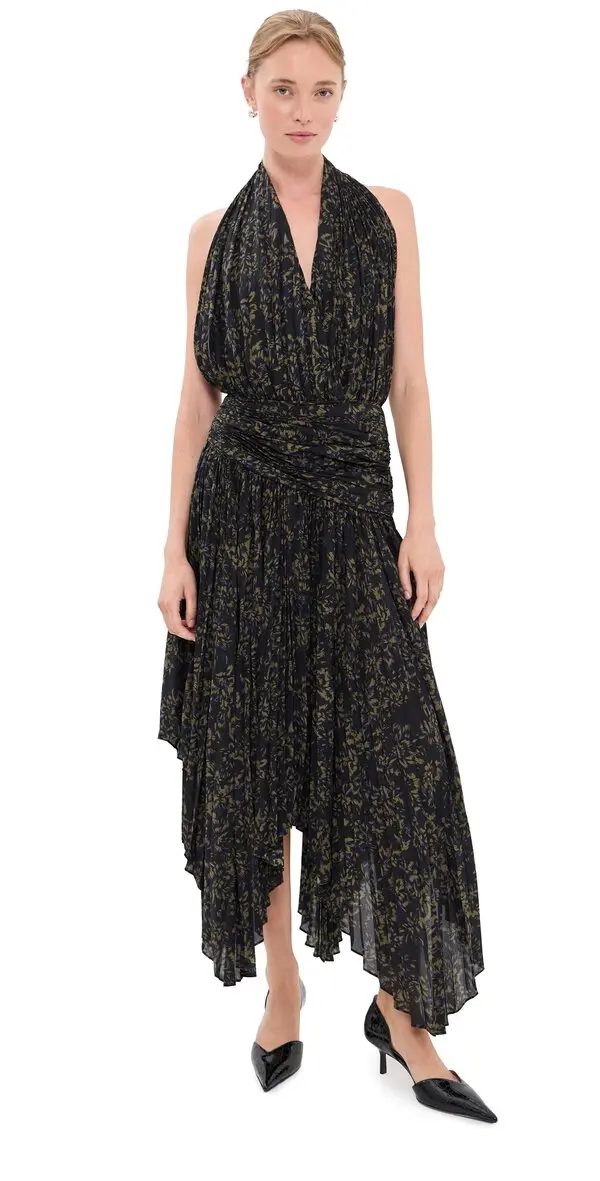 Proenza Schouler Paulina Printed Pleated Halter Maxi Dress - Black Multi