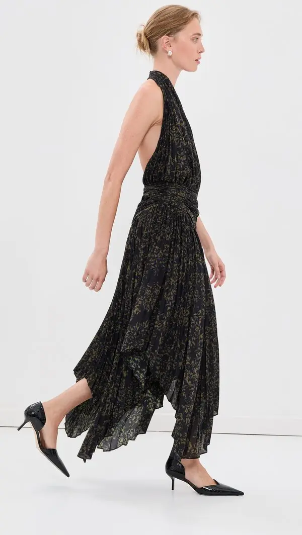 Proenza Schouler Paulina Printed Pleated Halter Maxi Dress