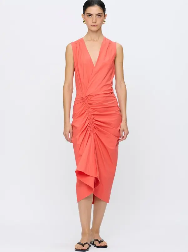 CALLAS MILANO Agnes V-neck Wrap Dress With Adjustable Ruching - Coral