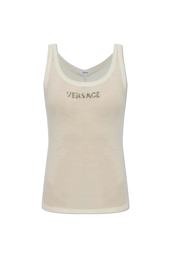 Versace Wool Top With Shimmering Logo - Cream