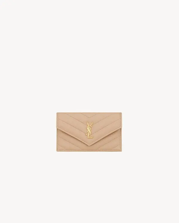 Saint Laurent Cassandre Matelassé Fragments Flap Card Case In Grain De Poudre Leather In Beige - Clear Beige