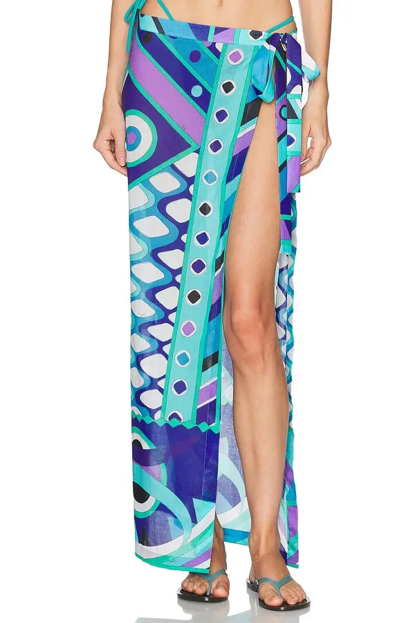 Emilio Pucci Cotton Muslin Wrap Skirt In Multi - Turquoise Blue