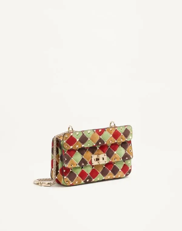 Valentino Garavani Rockstud Spike Small Bag In Patchwork Suede - Multicolour
