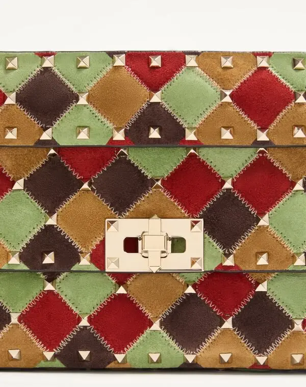 Valentino Garavani Rockstud Spike Small Bag In Patchwork Suede - Multicolour