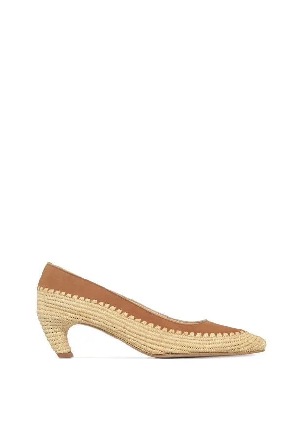 Gabriela Hearst Peggy Heel In Suede & Natural Raffia - Camel