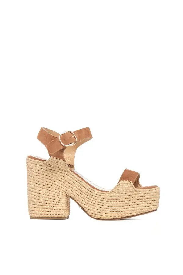 Gabriela Hearst Sardis Platform Sandal In Suede & Natural Raffia - Camel