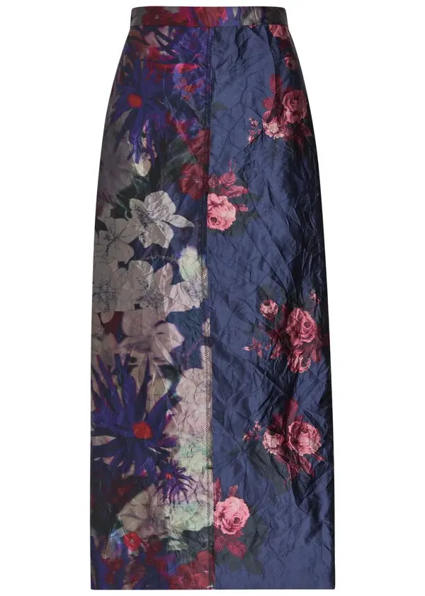 Erdem Floral-print Textured Satin Midi Skirt - Blue