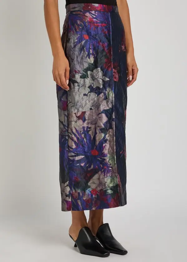 Erdem Floral Print Textured Satin Midi Skirt - Blue