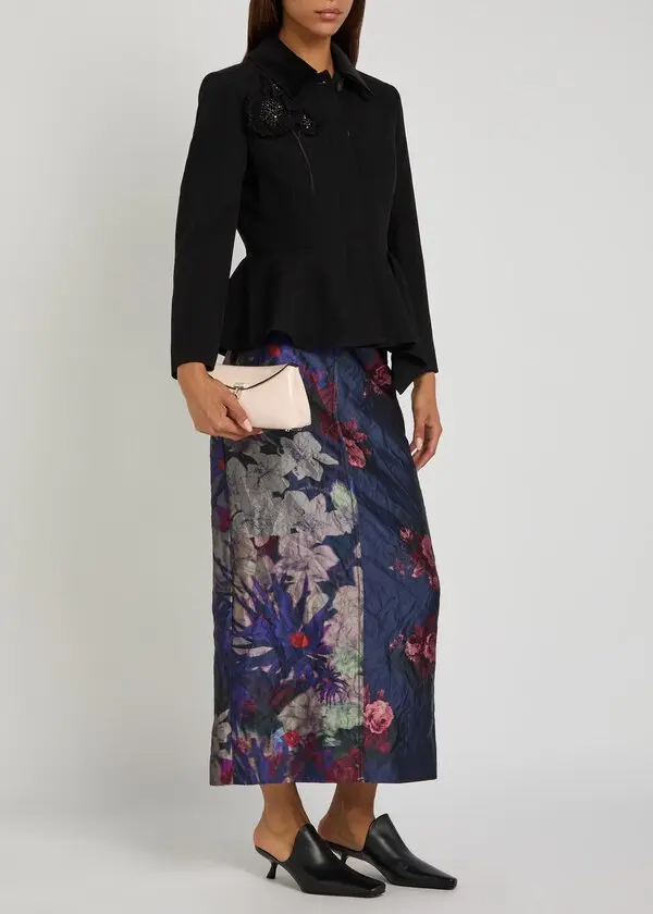Erdem Floral Print Textured Satin Midi Skirt - Blue