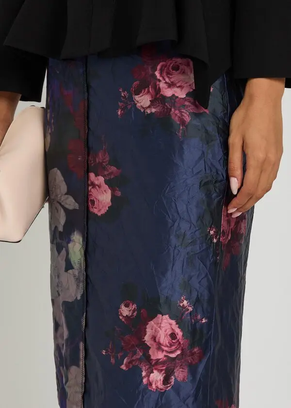 Erdem Floral Print Textured Satin Midi Skirt - Blue