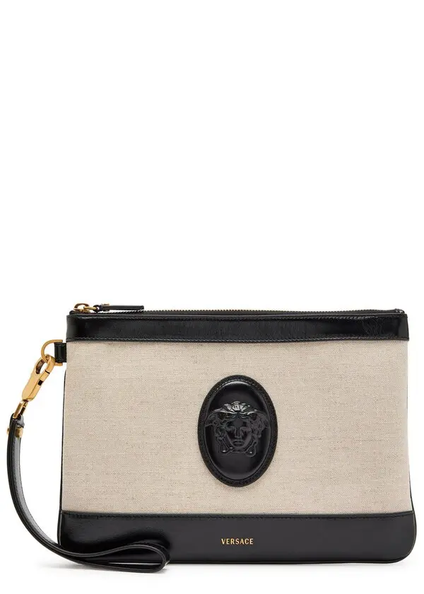 Versace Logo-appliquéd Leather And Canvas Pouch - Beige