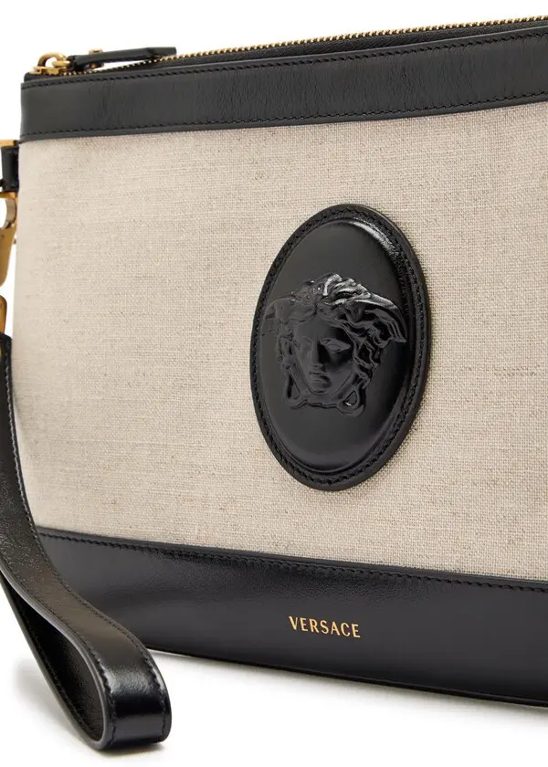 Versace Logo-appliquéd Leather And Canvas Pouch