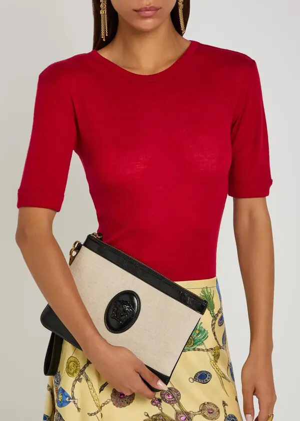 Versace Logo-appliquéd Leather And Canvas Pouch