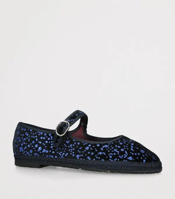 FLABELUS Velvet Seraphina Mary Jane Flats - Blue