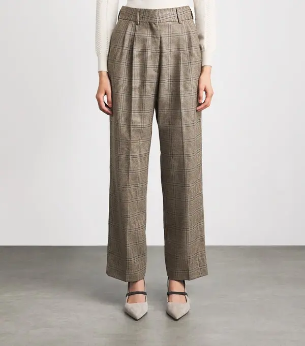 BLAZÉ MILANO Virgin Wool Check Tailored Trousers - Beige