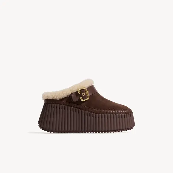 Chloé Suede Shearling-lined Clogs - Sharp Brown
