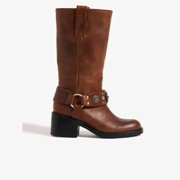 Chloé Leather Heeled Boots With Embellished Strap - Amber Brown