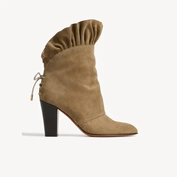 Chloé Suede Ruffled Ankle Boots With Tie Detail - Pottery Grey