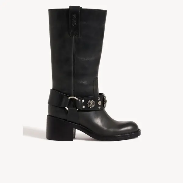 Chloé Leather Tall Boots With Embellished Strap - Black