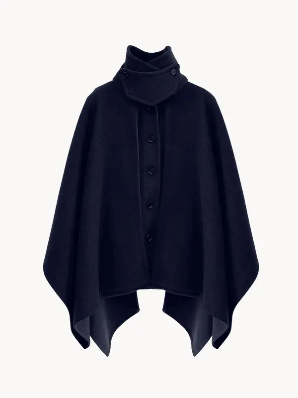 Chloé Navy Wool Blend Cape With Stand Collar - Evening Blue