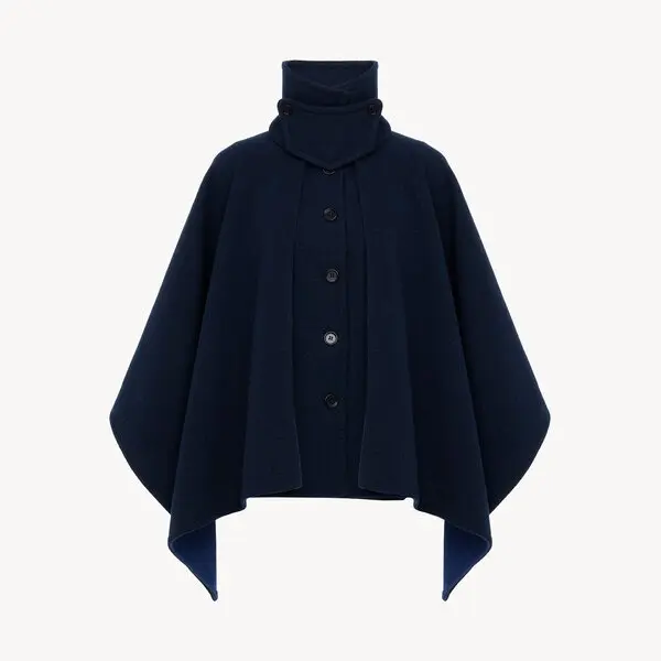 Chloé Navy Wool Blend Cape With Stand Collar - Evening Blue