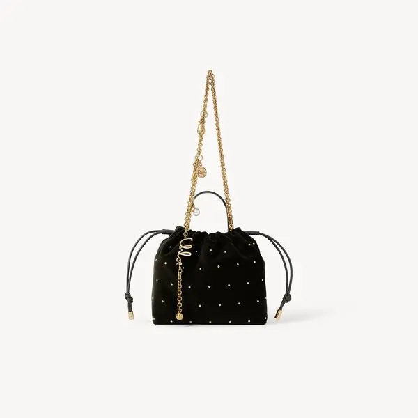 Chloé Velvet Drawstring Pouch Bag With Gold Tone Studs And Chain Detail - Black
