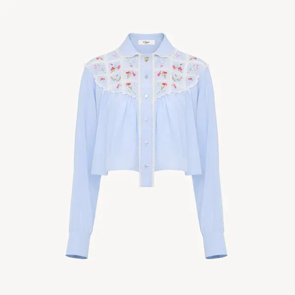 Chloé Cropped Shirt With Floral Embroidery - Light Blue