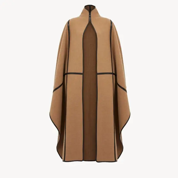 Chloé Oversized Long Wool Cape With Lambskin Trims - Soft Tan